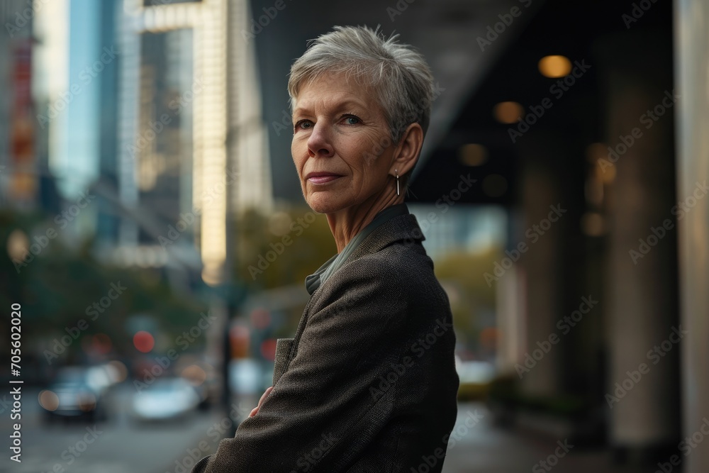 A confident woman struts down the bustling city street, her short hair ...