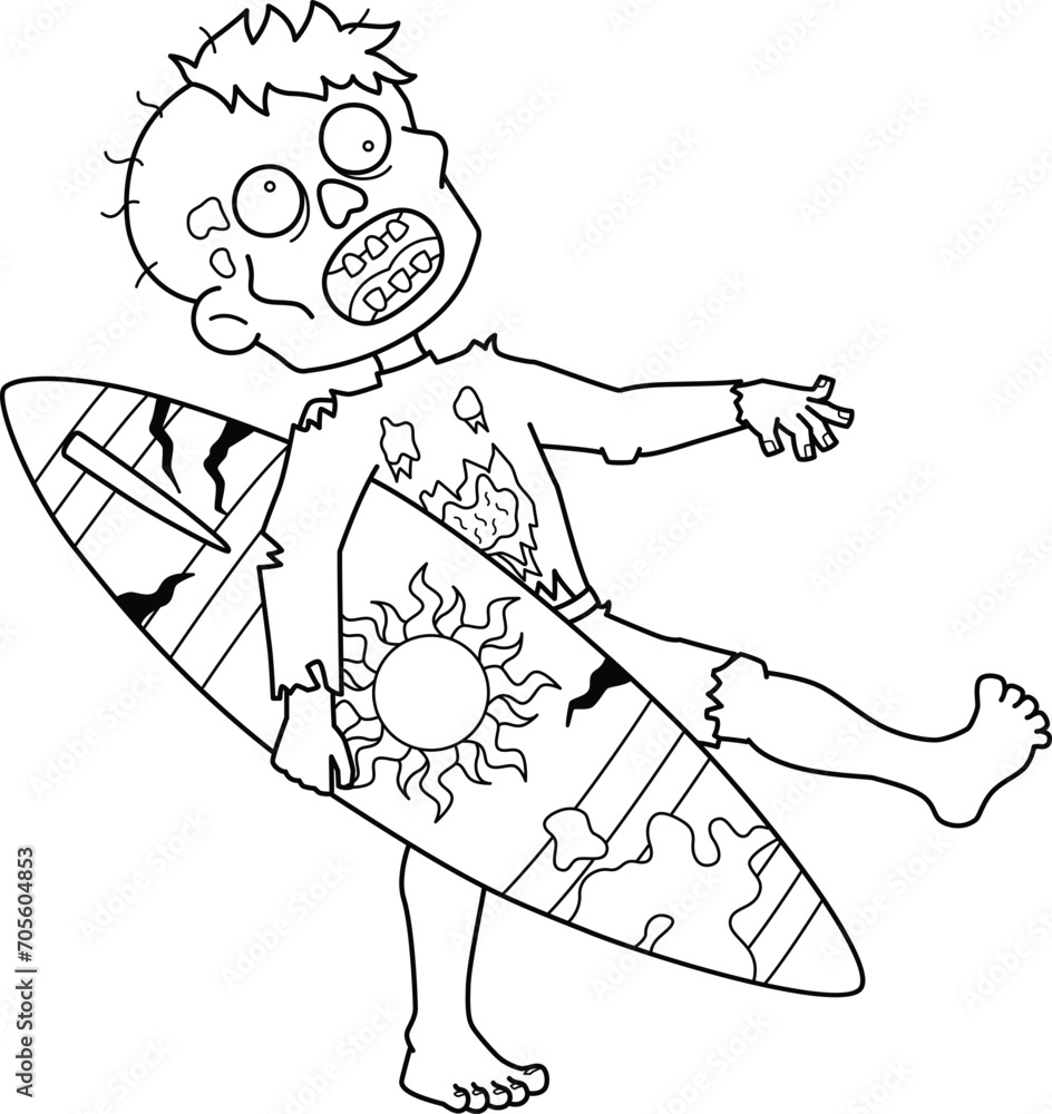 Zombie Surfer Isolated Coloring Page for Kids Stock Vector | Adobe Stock