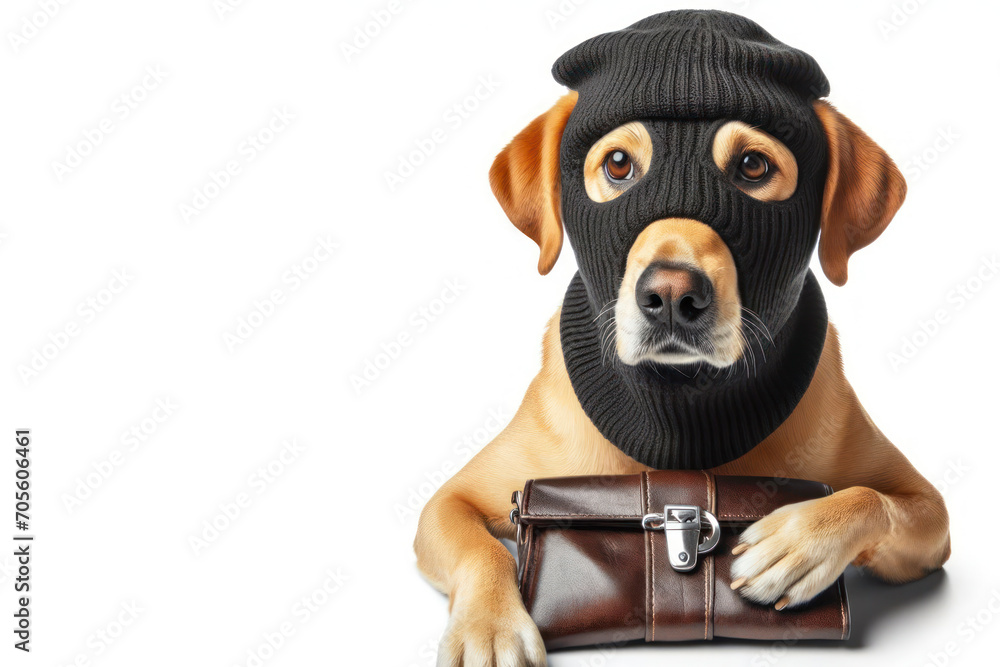 dog dressed as a thief criminal wearing a balaclava Isolated on white ...