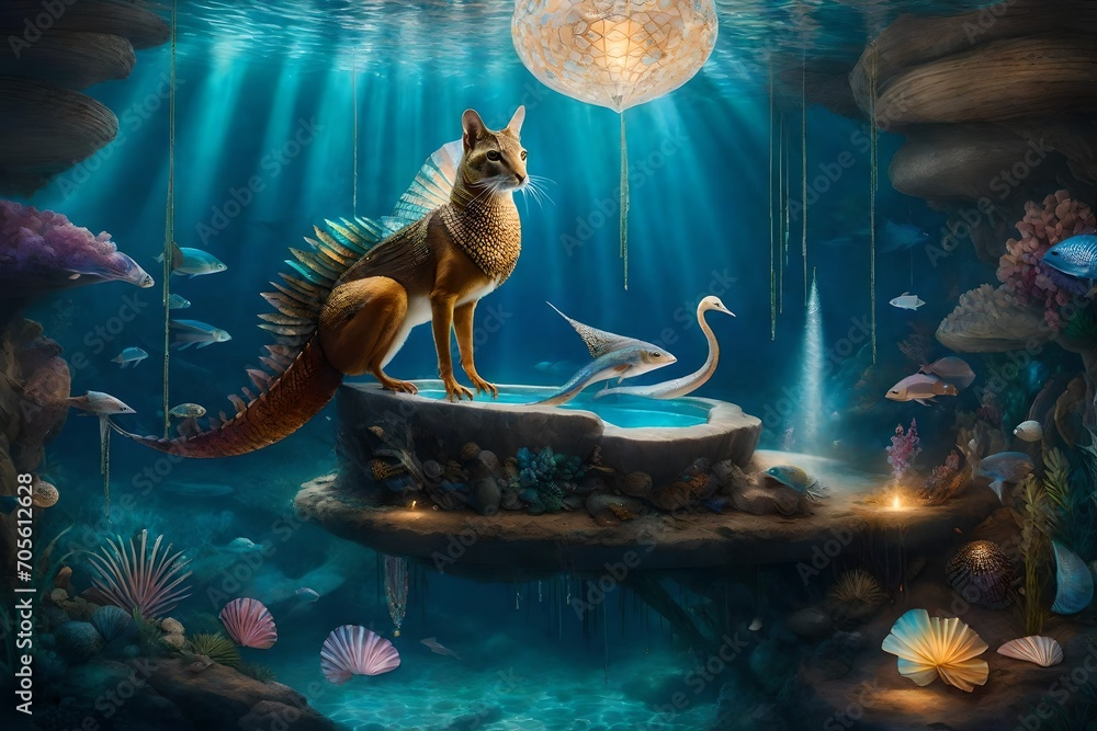 Conjure a fantastical scene where a whimsical perches on a rock, bathed ...