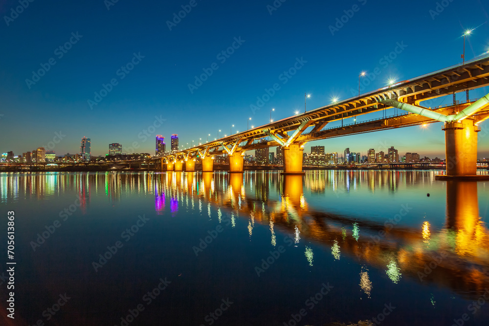 The night view of the Han River park in Seoul, South Korea, where the ...