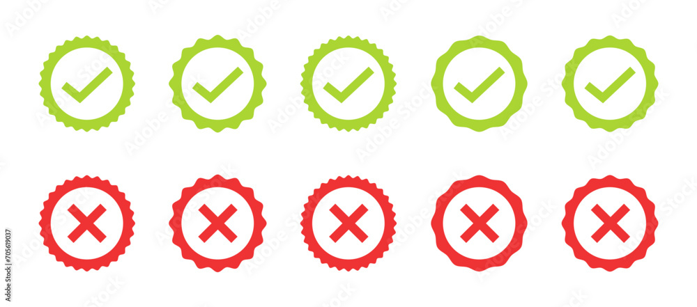Check mark and cross mark sticker badge label collection flat vector ...