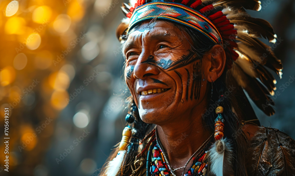 Joyful Indigenous man in traditional headdress, embodying cultural ...