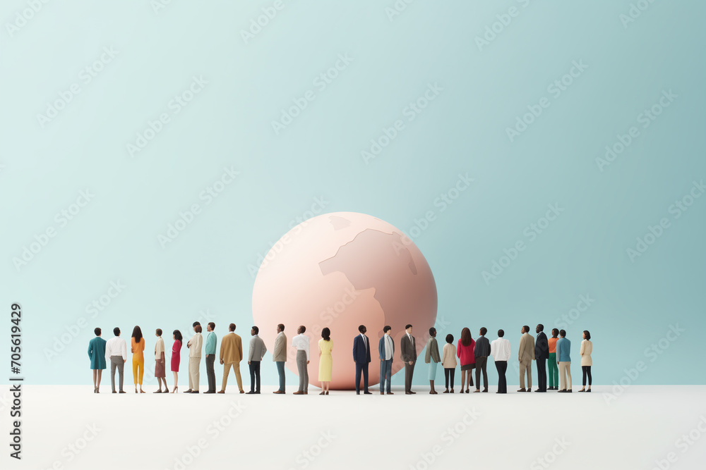 Human figures standing in front of world globe map, cute human puppet ...