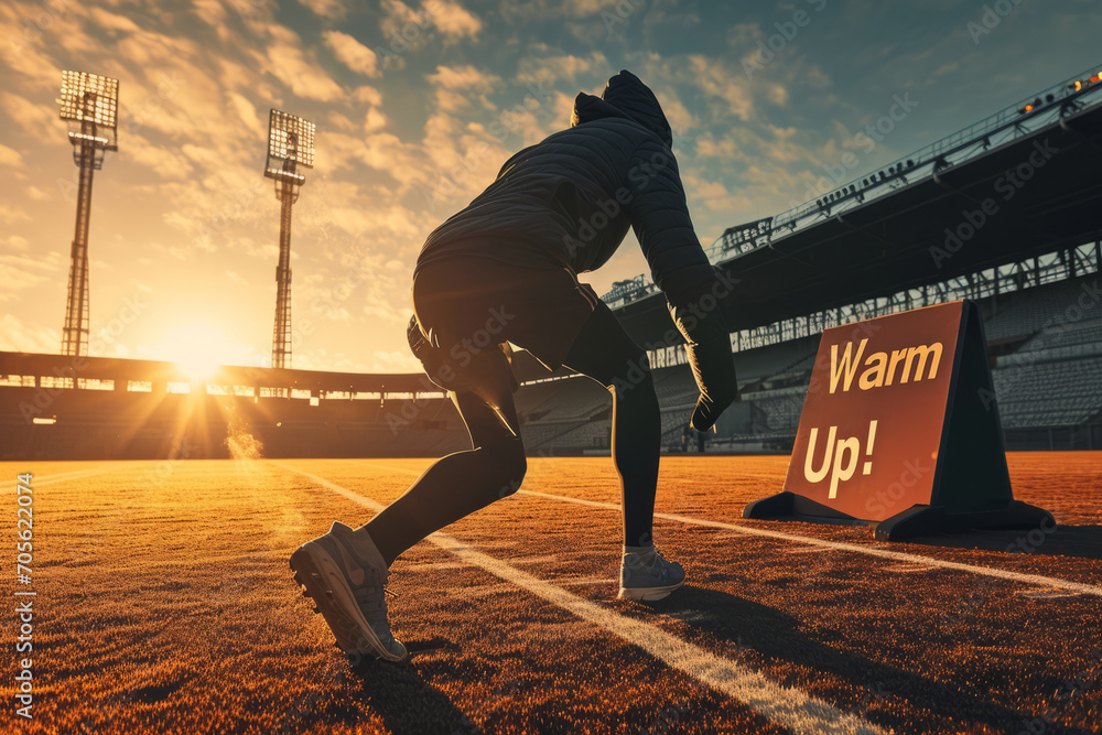 Warm-up concept image with a sportsman on his warmup in an empty ...