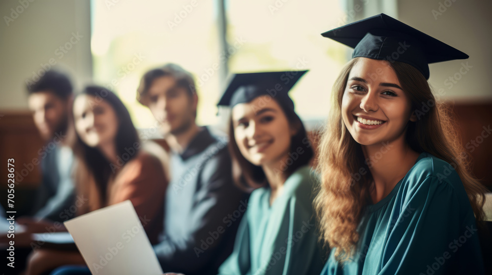 Group of Diverse International Graduating Students Celebrating, sitting ...