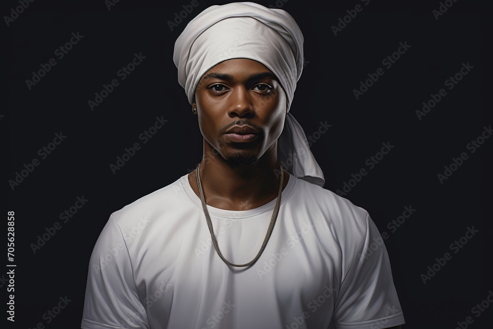 black muslim man in traditional clothes on black background Stock Photo ...