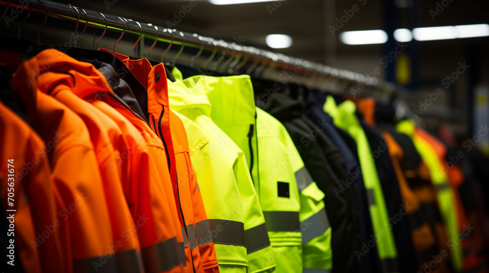 shirts on hangers, Selective blur on high visibility safety coats and ...