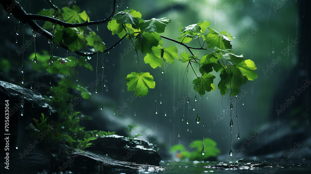 green forest, dew drops and wet rain on young leaves and shoots in the ...