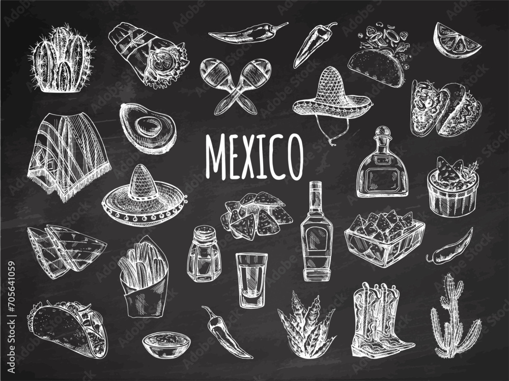 Hand-drawn set of realistic mexican elements on chalkboard background ...