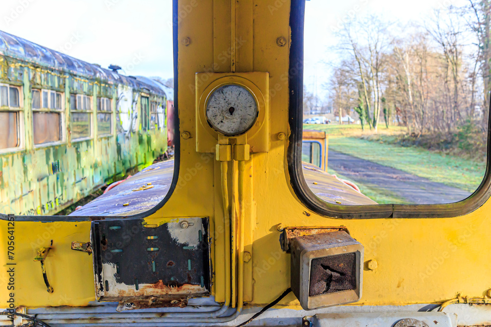 Old passenger carriage seen through window on blurred background ...