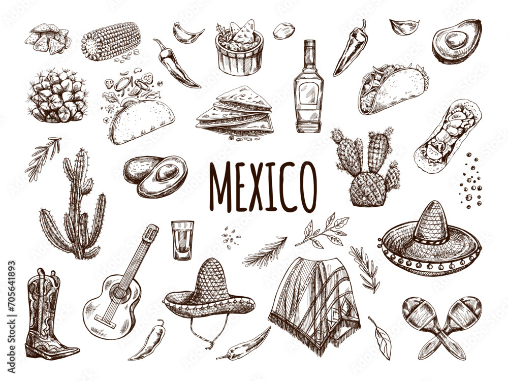 Hand-drawn set of realistic mexican elements. Vintage sketch drawings ...
