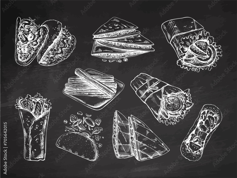 Hand-drawn set of realistic mexican dishes and products on chalkboard ...
