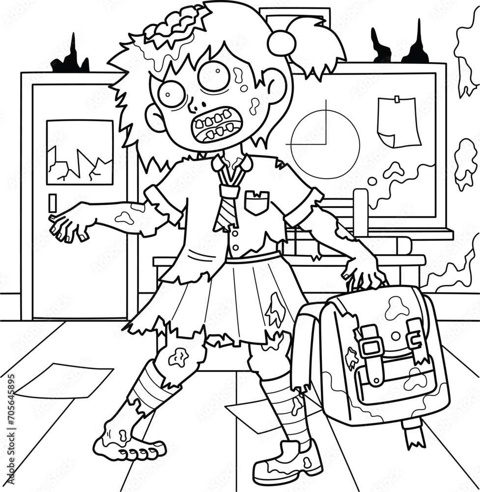 Zombie School Girl Coloring Page for Kids Stock Vector | Adobe Stock