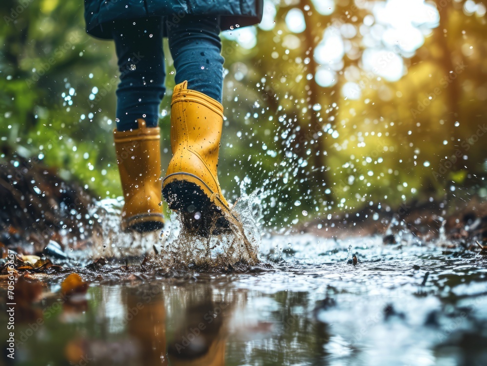Woman wearing jeans and bright yellow rain boots splashing into a large ...