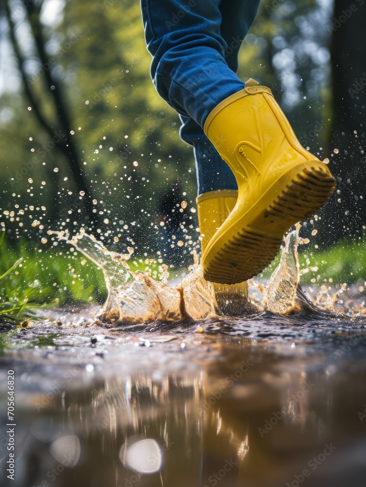 Bright yellow rain boots splashing into a large puddle on a rainy day ...