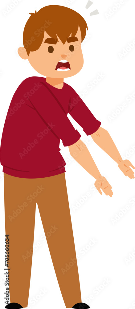 Young boy in red shirt and brown pants looking angry and upset. Mad ...