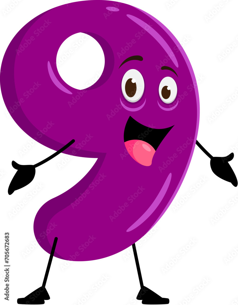 Cartoon math number nine character. Vector funny 9 personage with big ...