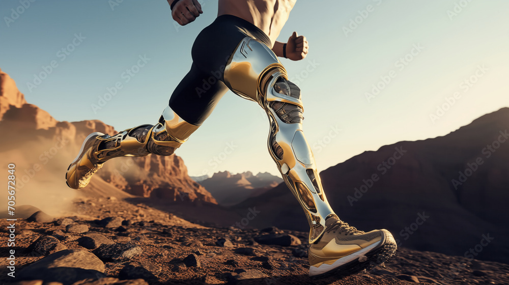 Close-up of a runner with prosthetic leg technology sprinting in a ...