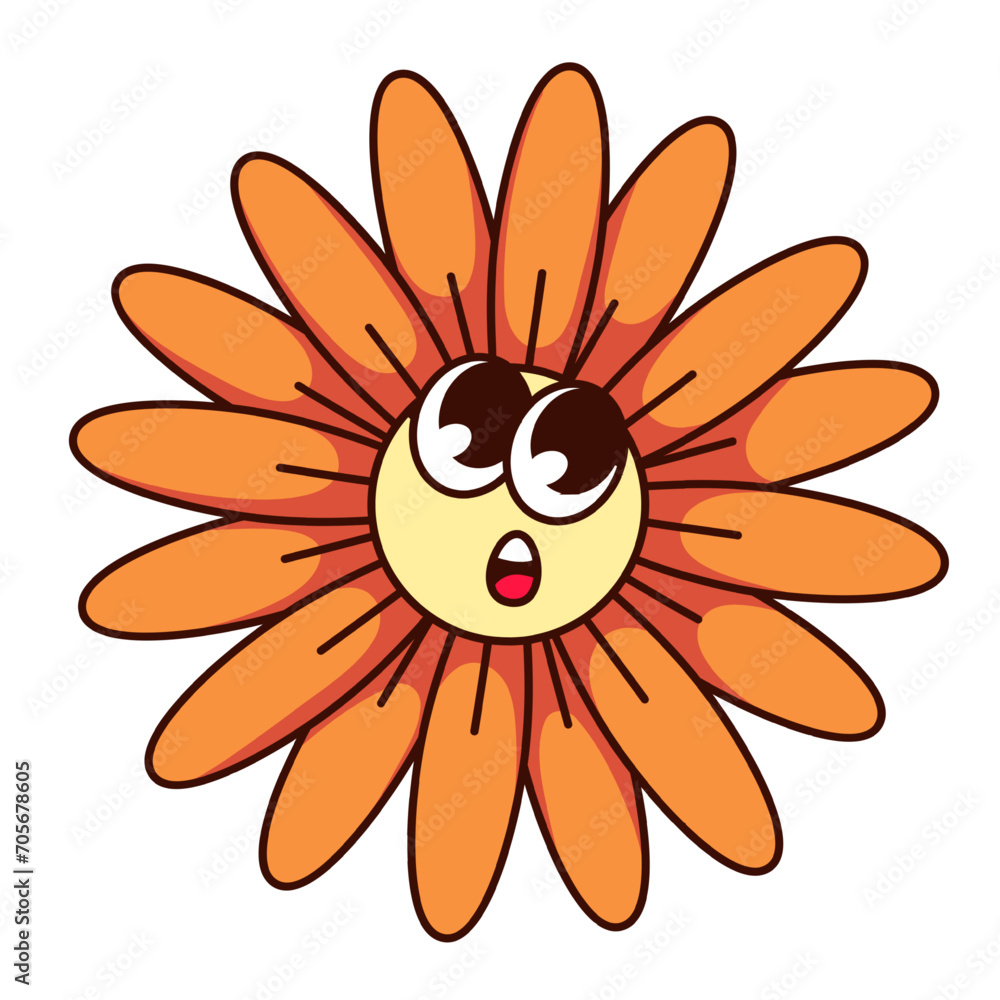Groovy flower cartoon character with surprise expression. Funny retro ...