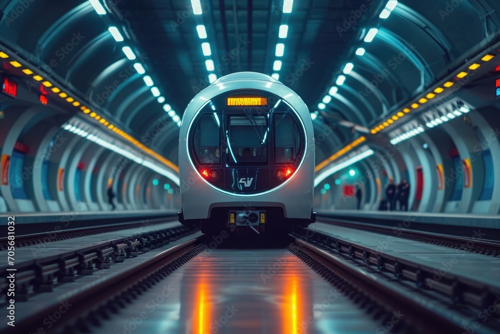 Frontal view of a modern metro wagon. Train into a neon-lit arched ...