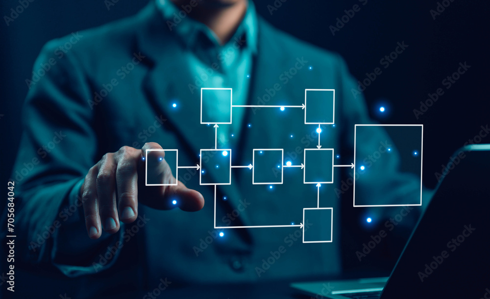 Businessman Using Computer Show Organigram Or Diagram Algorithm Flow To Design Workflow