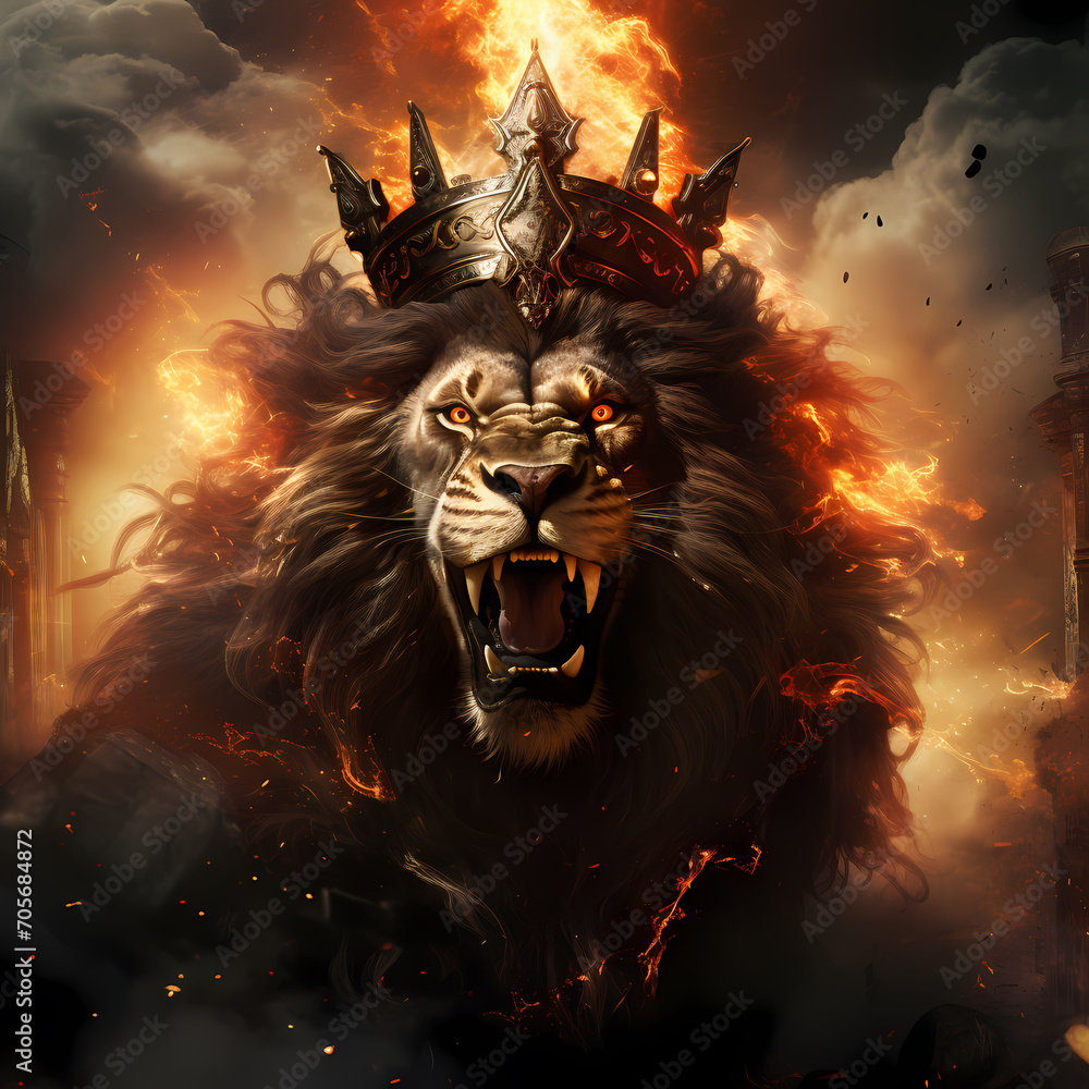 Angry roaring king lion wearing king crown sun and clouds around it ...