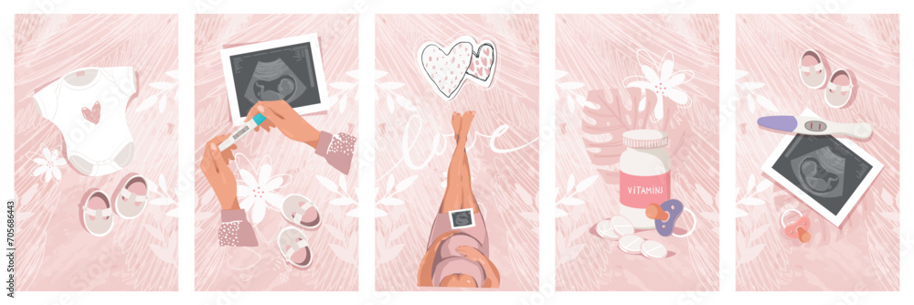 Modern banner about pregnancy and motherhood. A set of cards with a ...