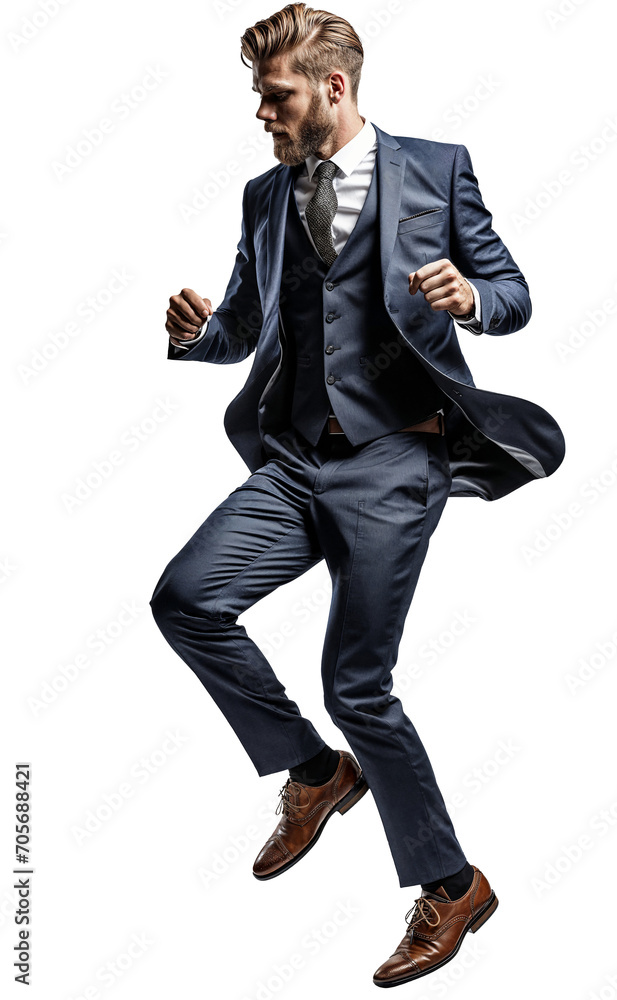 Isolated man dancing with a beard celebrating with arms up wearing blue ...