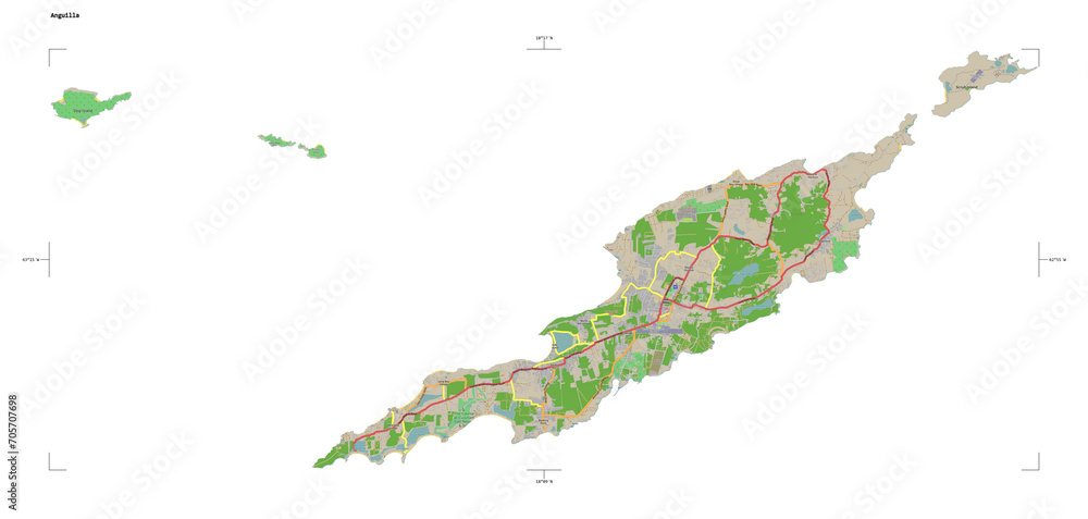 Anguilla shape isolated on white. OSM Topographic French style map ...