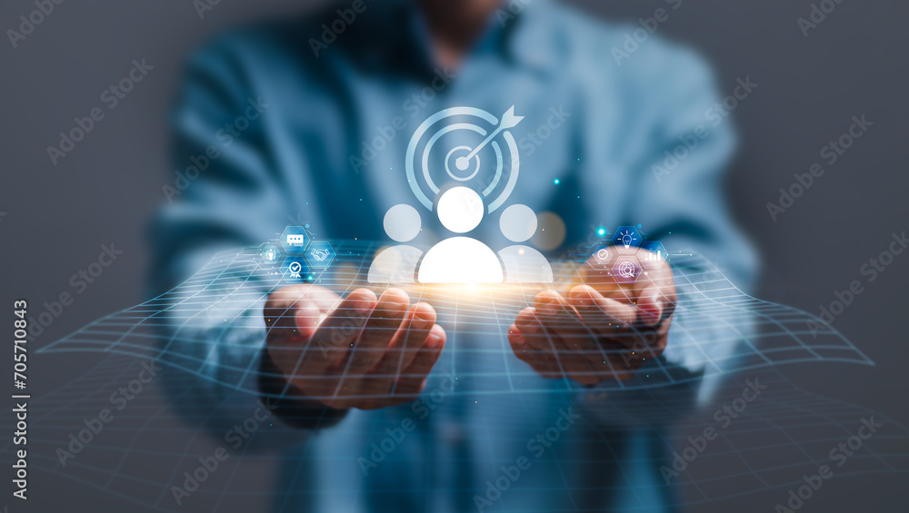 CRM, customer relationship management, Businessman holding virtual ...