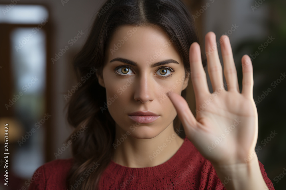 Portrait of a serious young woman standing with outstretched hand ...