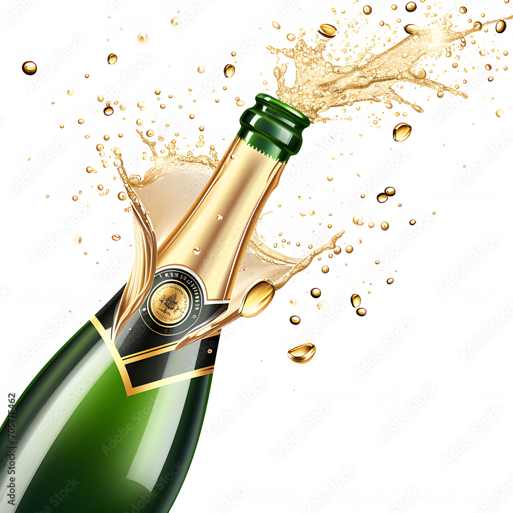 Champagne bottle being popped open isolated on white background, flat ...