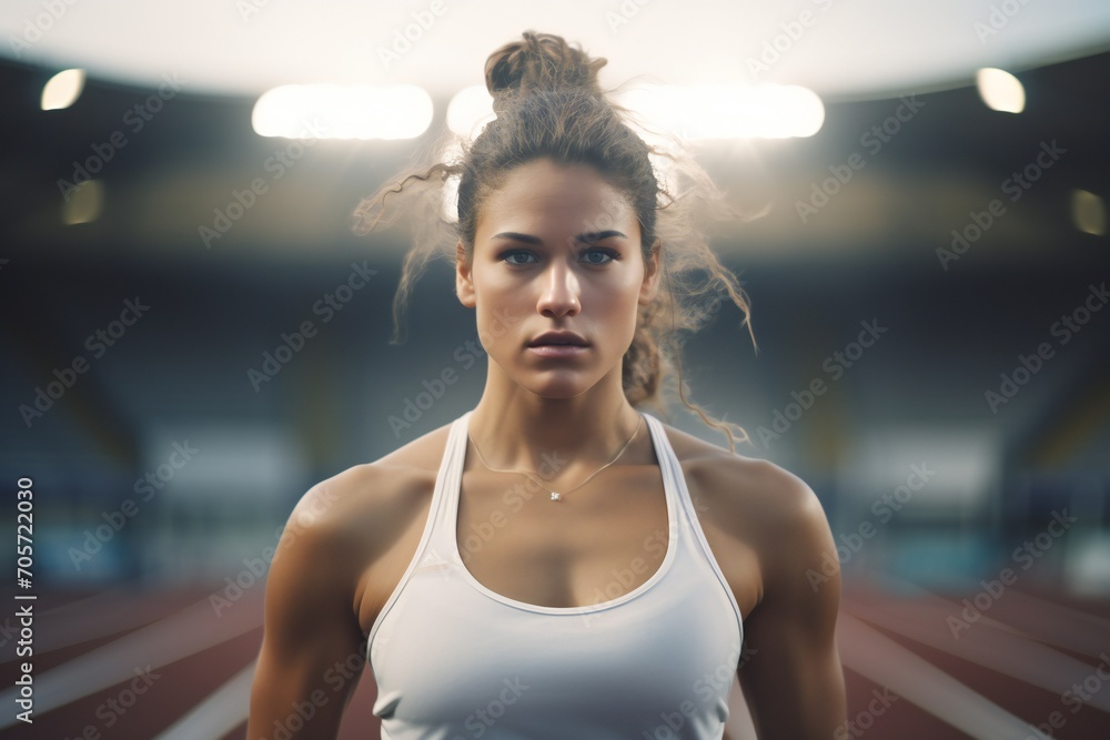 a photo of a female white sprinter athlete on a track sweaty after ...