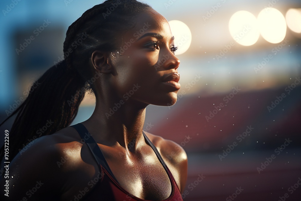 a photo of a female african sprinter athlete on a track sweaty after ...