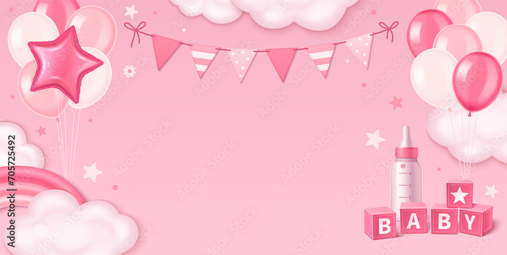 Realistic baby shower background for girl with decorative garland and ...