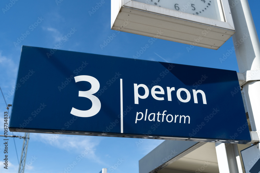 Blue railway station sign in Poland. Train platform number information ...