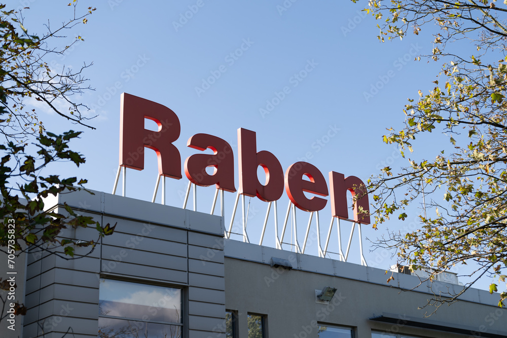 Raben logo sign. Transportation service branch building, local office ...