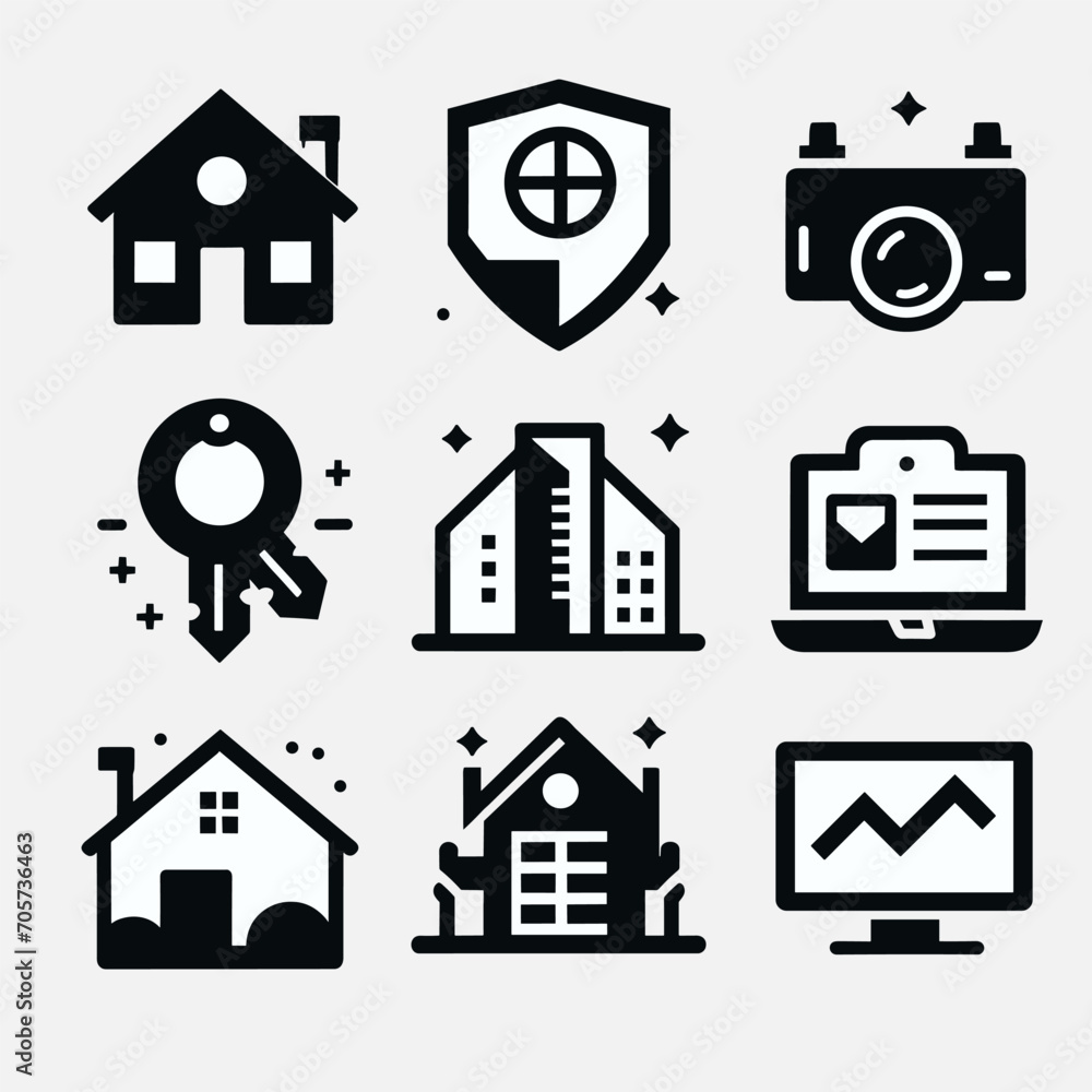 Icons and logos. house, browser homepage pictogram, real estate and ...