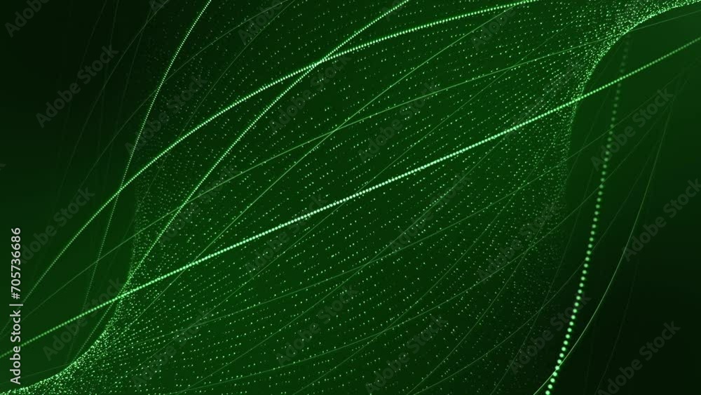 Seamless loop animation of abstract green wave of bright particles and curvy lines smoothly ...