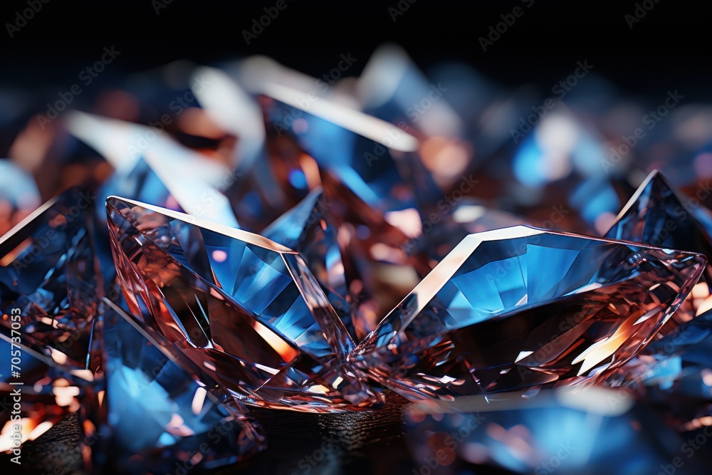 a group of pink and blue diamonds sitting on top of a black surface ...