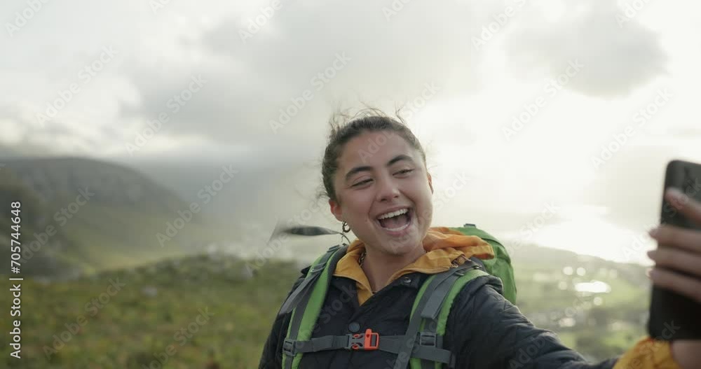 Woman, hiking and video call in nature, mountains and blow kiss with ...