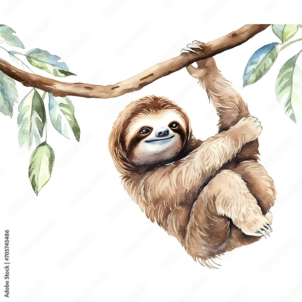 create a hand drawn watercolor clipart of a sloth hanging from a branch ...