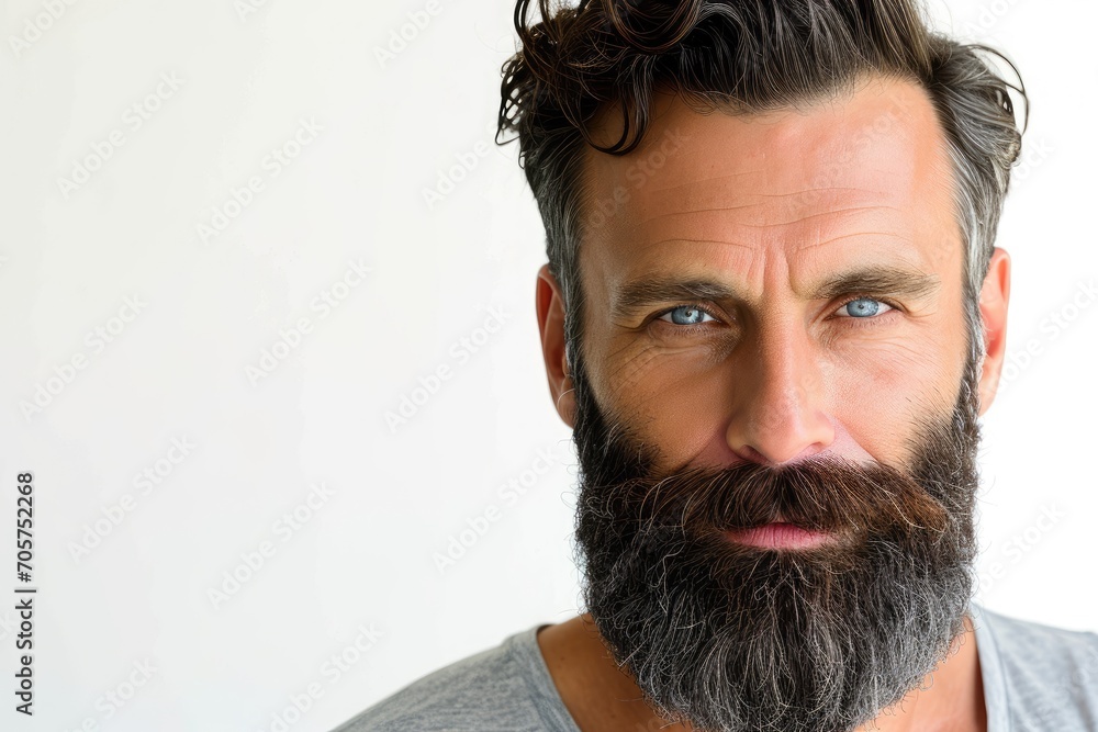 Distinguished portrait of a European man with a classic beard, white ...