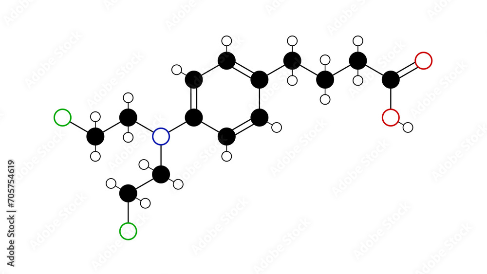 chlorambucil molecule, structural chemical formula, ball-and-stick ...