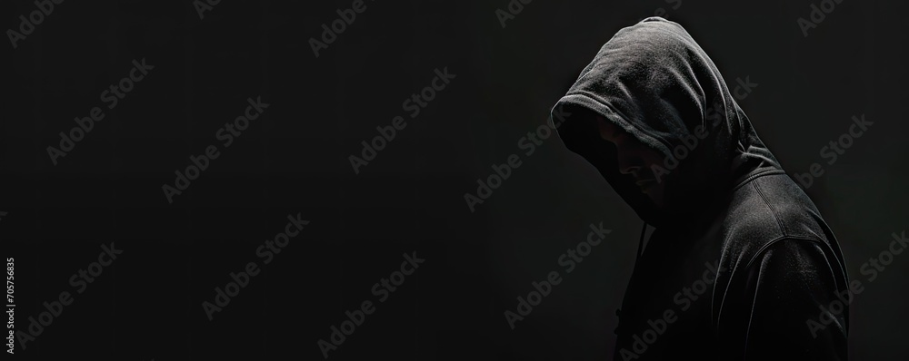 Veiled in shadows. Mysterious figure shrouded in darkness wearing hood and faceless mask ...