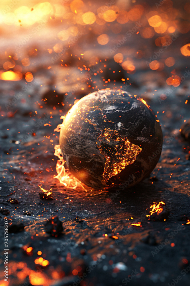 Earth globe collapse burning destroyed by fire. Stock Illustration | Adobe Stock
