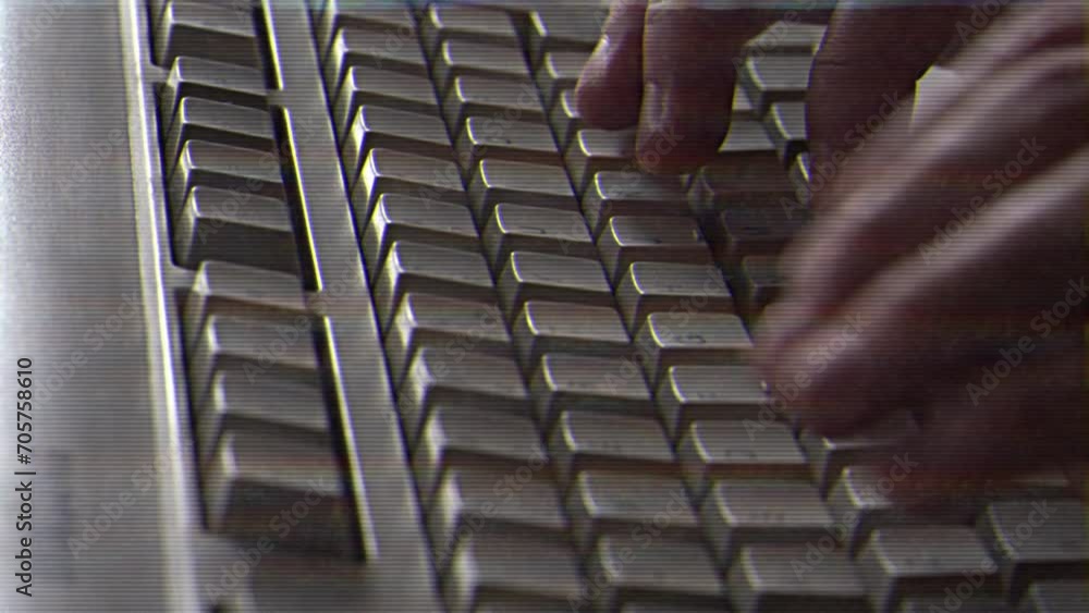 Computer engineer developer is working on old vintage computer 1990s. Antique classic pc ...