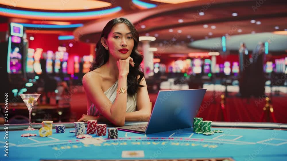 Glamorous Asian Woman at Casino Table, Engaged in Online Betting Games ...