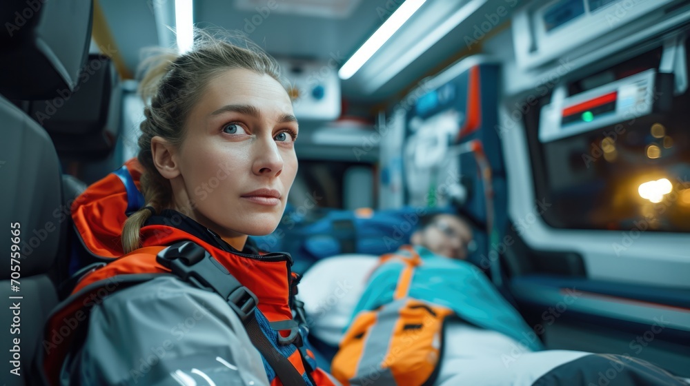 Emergency concept. Female EMS Professional paramedic in Ambulance ...